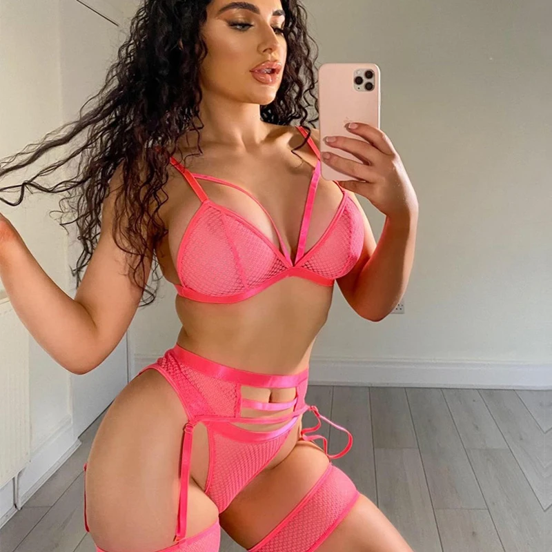 Lencería Sensual para mujer, ropa interior de malla de encaje, sujetador transparente ahuecado ...