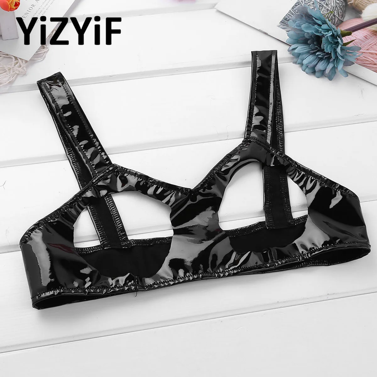 Sexy Clubwear Women Wet Look Leather Bustier Latex Mini Bra Porno Open ...