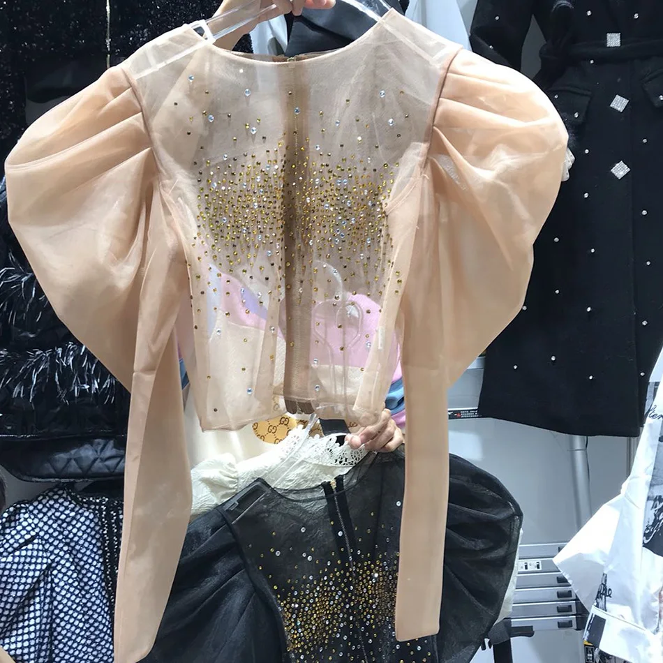 Sheer Mesh Puff Sleeve Jacket With Rhinestones (Black Or Apricot ...