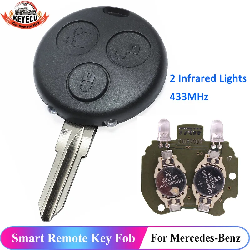 KEYECU Smart Remote Car Key Fob 3 Button 433MHz for Smart ForTwo ...