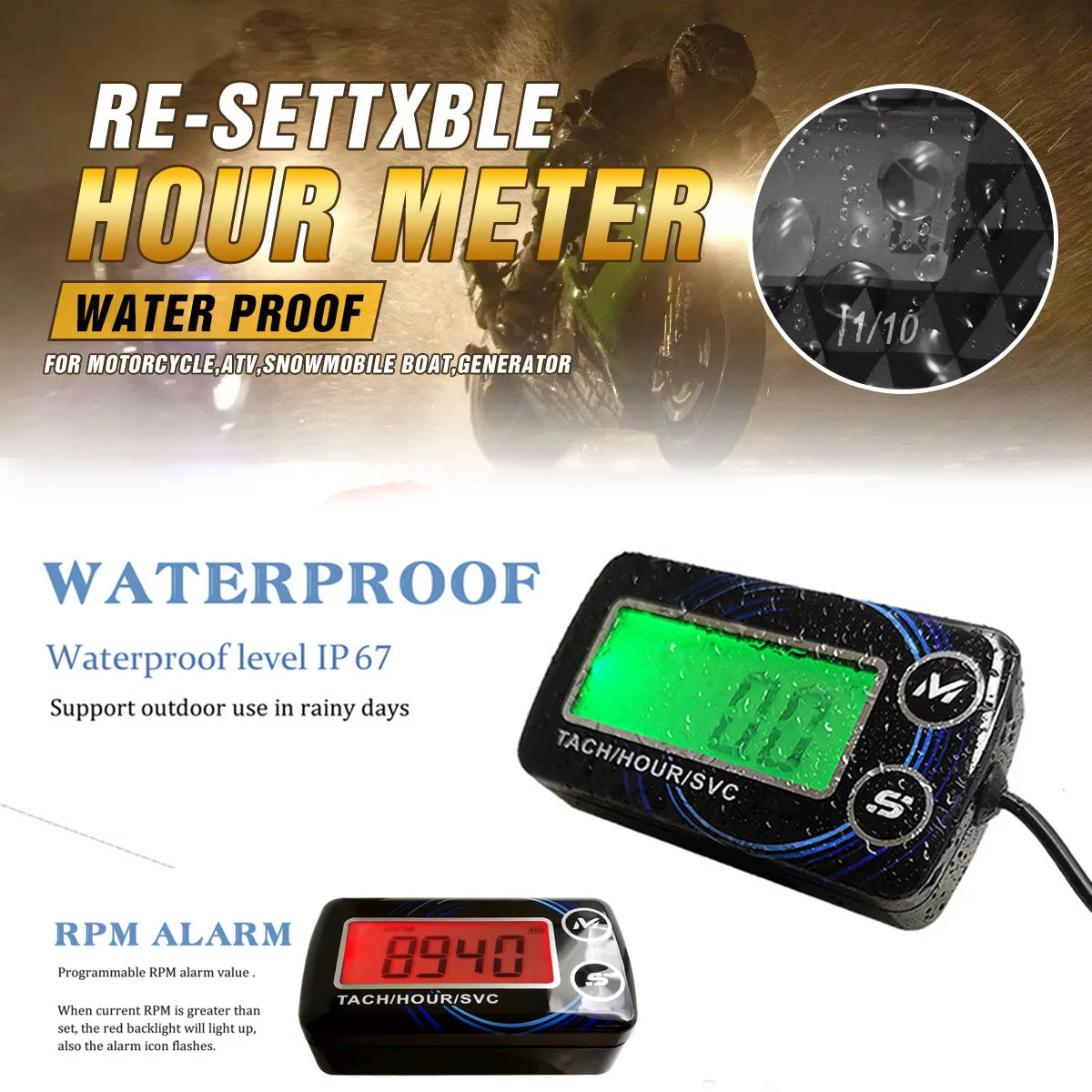 Waterproof Digital Engine Tach Hour Meter Tachometer Gauge Engine Rpm ...