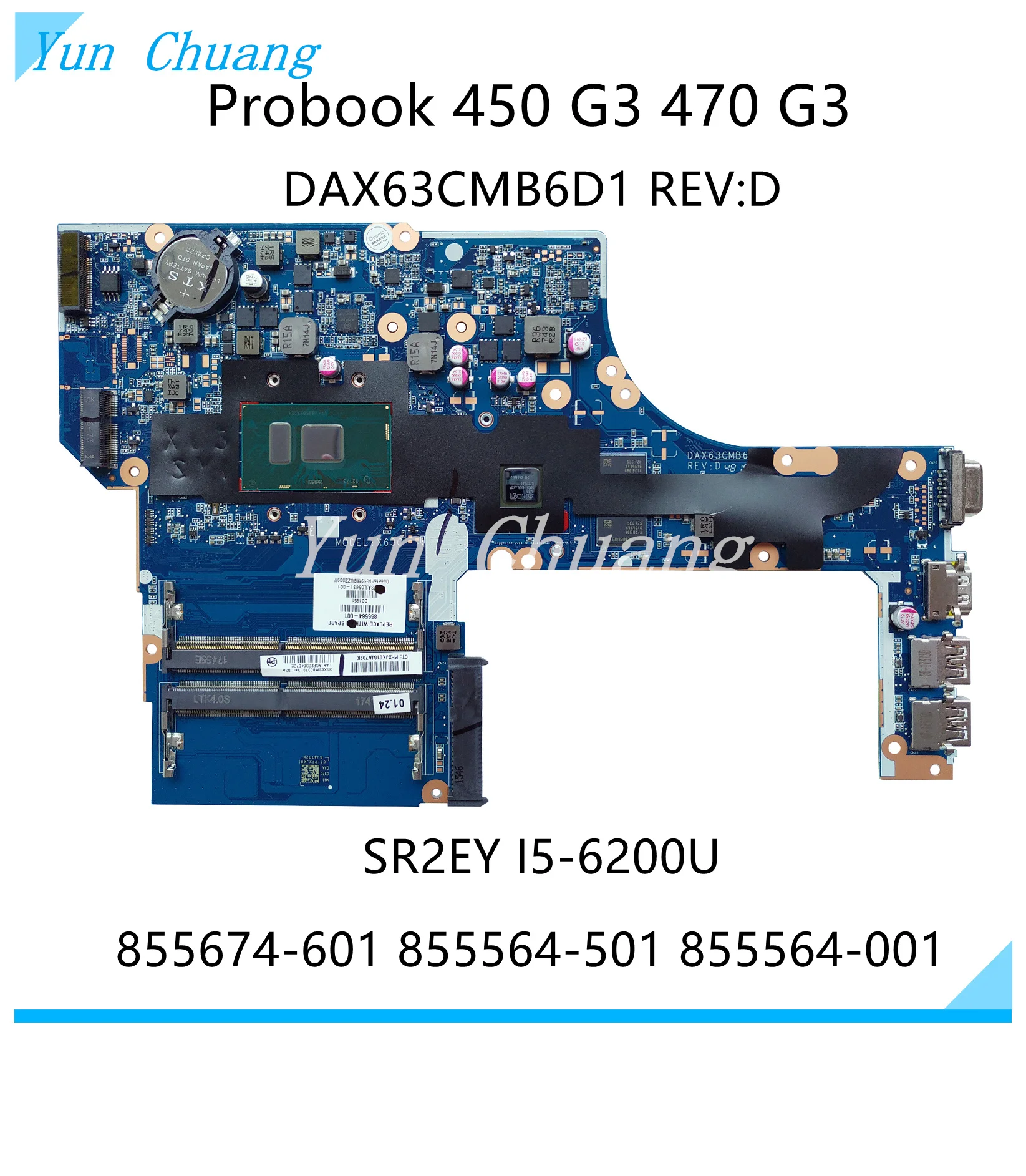 DAX63CMB6C0 DAX63CMB6D1 For HP Probook 450 G3 470 G3 Laptop Motherboard ...