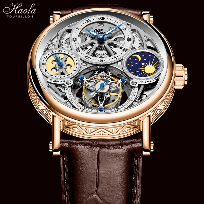 Haofa Skeleton Gmt Tourbillon Movement Mens Watch Sapphire Mechancial ...