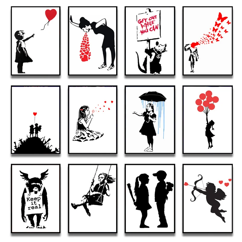 Banksy Street Graffiti Art Canvas Paintings Abstract Modern Black and ...