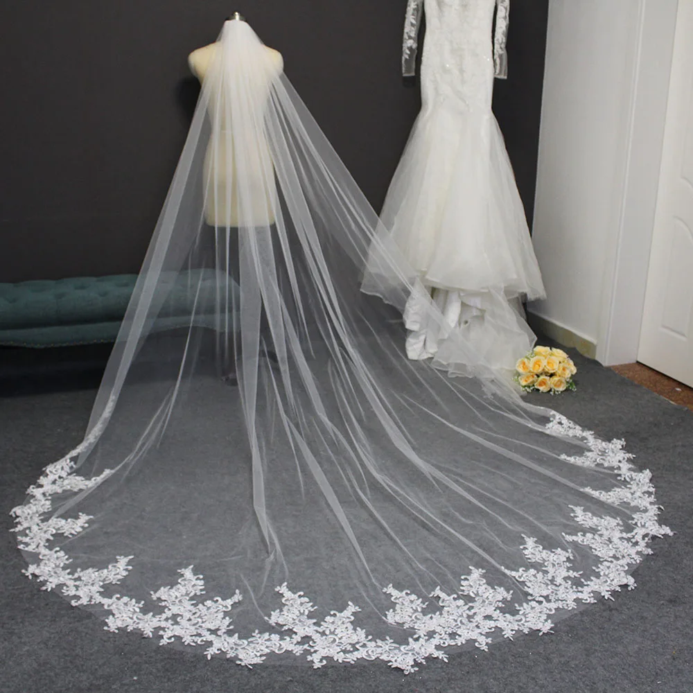 Long Lace Appliques Wedding Veil With Comb 3 Meters Cathedral Bridal ...