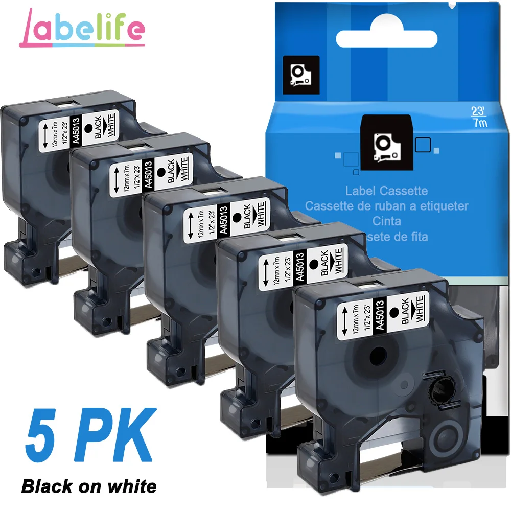 DYMO Label Tape 5-Pack Black On White Dymo D1 Label Tape - 1/2 Inch, 7 ...