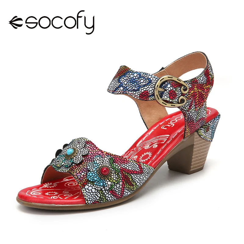 SOCOFY Women Retro Style Sandals Bubble Floral Printed Genuine Leather ...