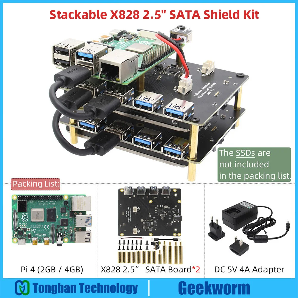 Raspberry Pi 4 Model B + 2 Stuks Stapelbaar X828 2.5 "Sata Hdd/Ssd ...