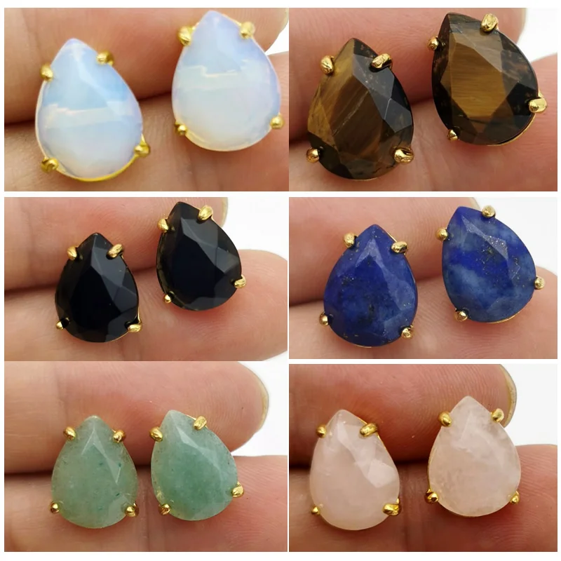 Water Drop Shape Stud Earrings Golden Color Natural Stone Faceted Pink ...