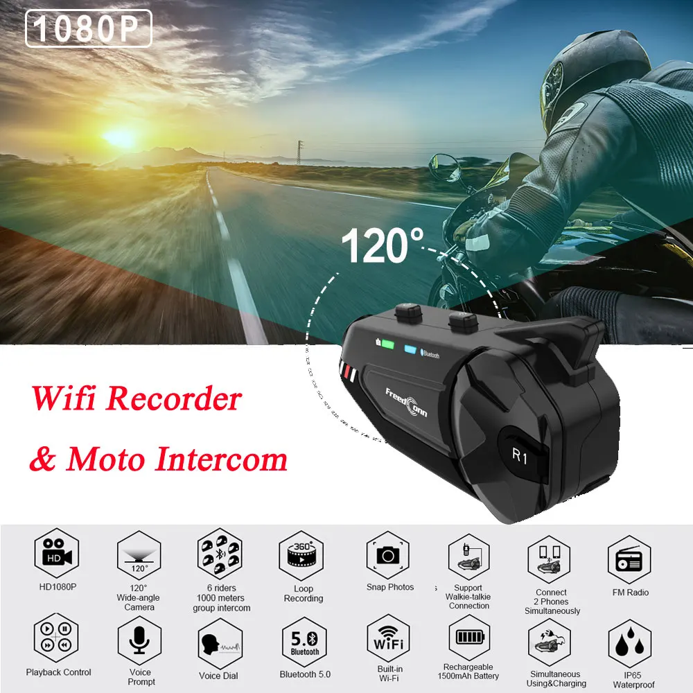 Freedconn R1 Mais Gravador De Wi Fi Motocicleta Grupo Intercom Hd 1080p ...