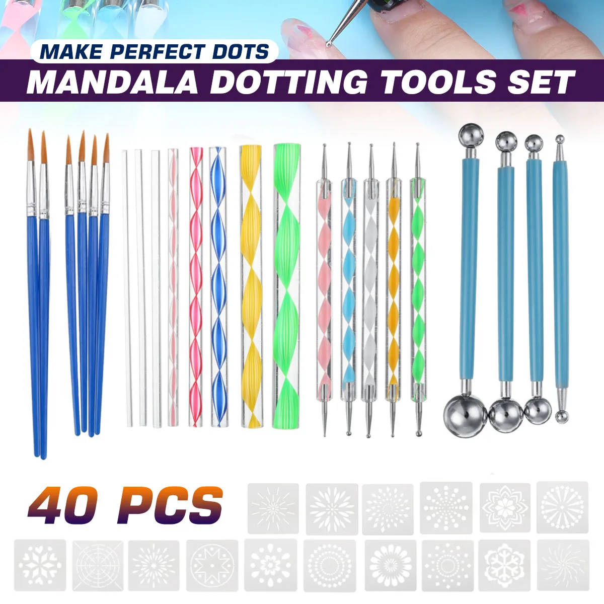 40 Pcs Mandala Dotting Tools Set Dotting Pens Brush Acrylic Rods Color Brush Nail Art For ...