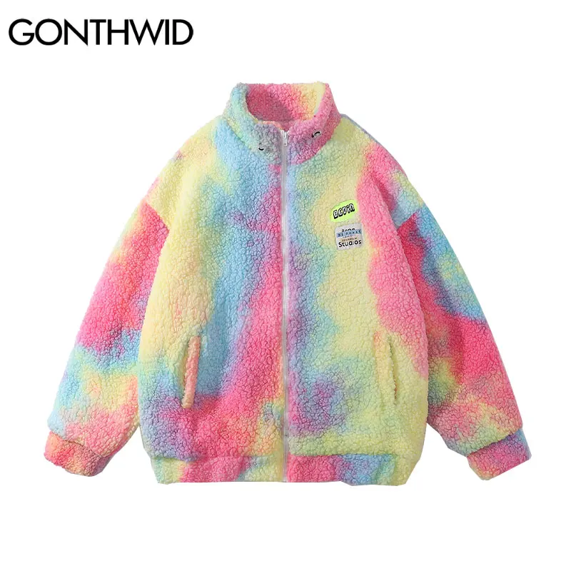 Winter Fuzzy Fleece Jacket Hip Hop Streetwear Harajuku Rainbow Tie Dye ...