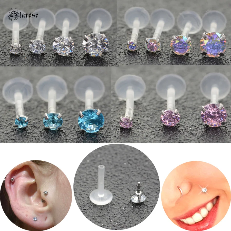 Starose 2pcs 1.2x6/8mm Acrylic Nose Piercing Stud Nose Rings Zircone ...