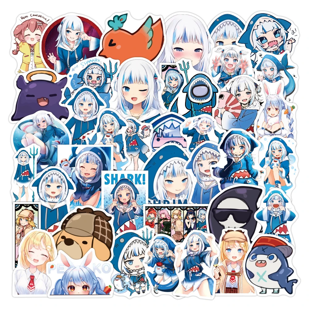 50pcs Kawaii Anime Girl Gawr Gura Stickers Cartoon Cute Shark ...