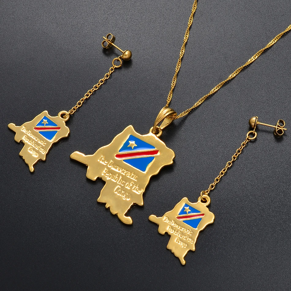Anniyo Democratic Republic of the Congo Map Necklace Earrings sets Gold ...