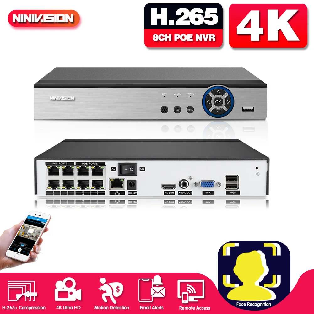 Grabadora de vídeo de seguridad 4K 8MP 5MP 8CH POE NVR H.265 3,5mm, salida de Audio, vigilancia ...