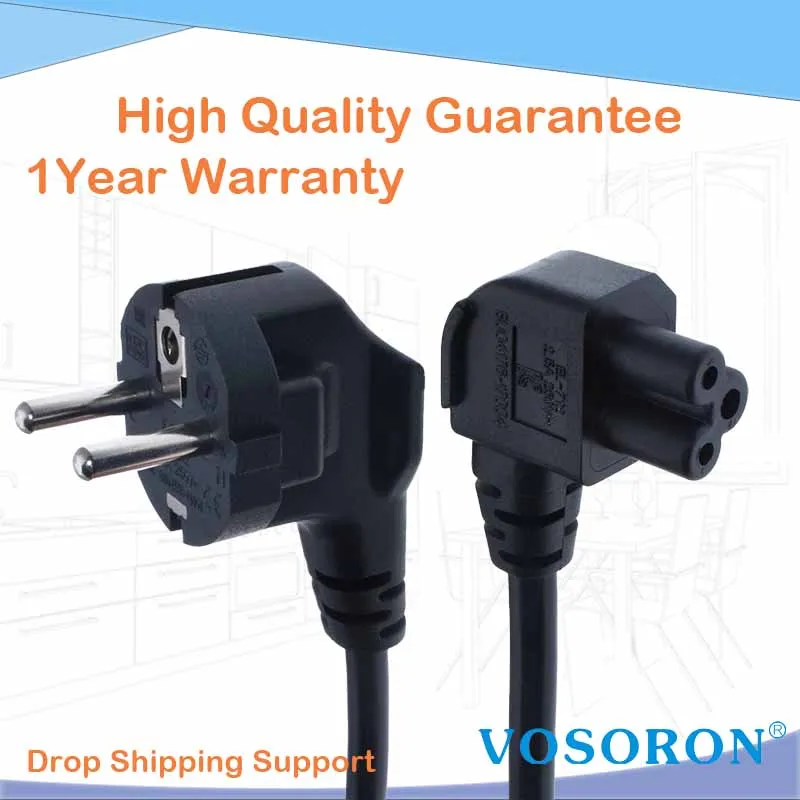 European EU 2 Prong Plug to C5 90 Degree/Angle Cloverleaf Lead Power Cable Lead Cord PC Monitor ...