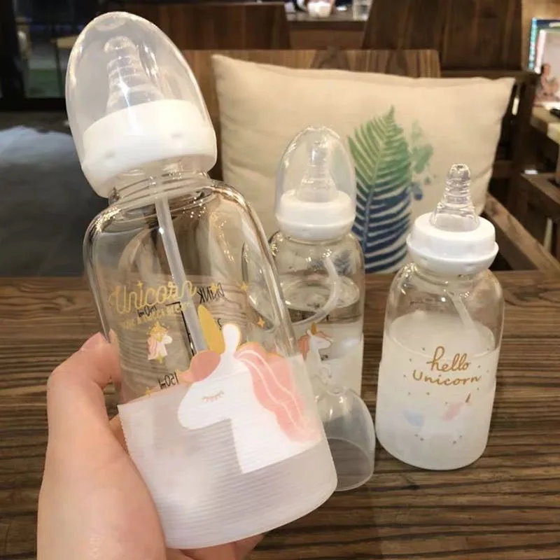 Botella de agua de vidrio con pajita para chupete, botella de pezón de ...