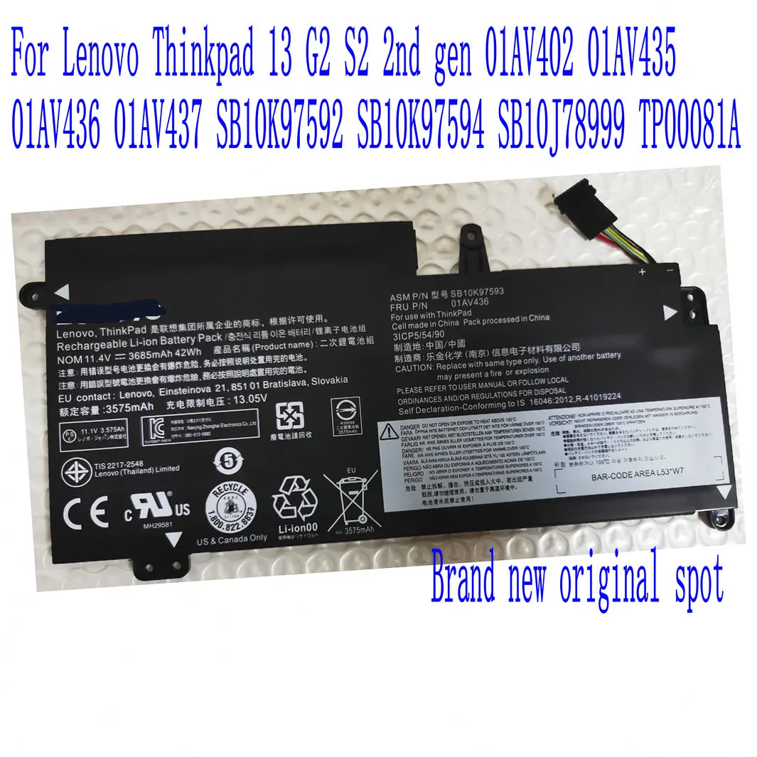 100% 새로운 3685mAh/42WH SB10K97593 Lenovo Thinkpad 13 G2 S2 2nd gen ...
