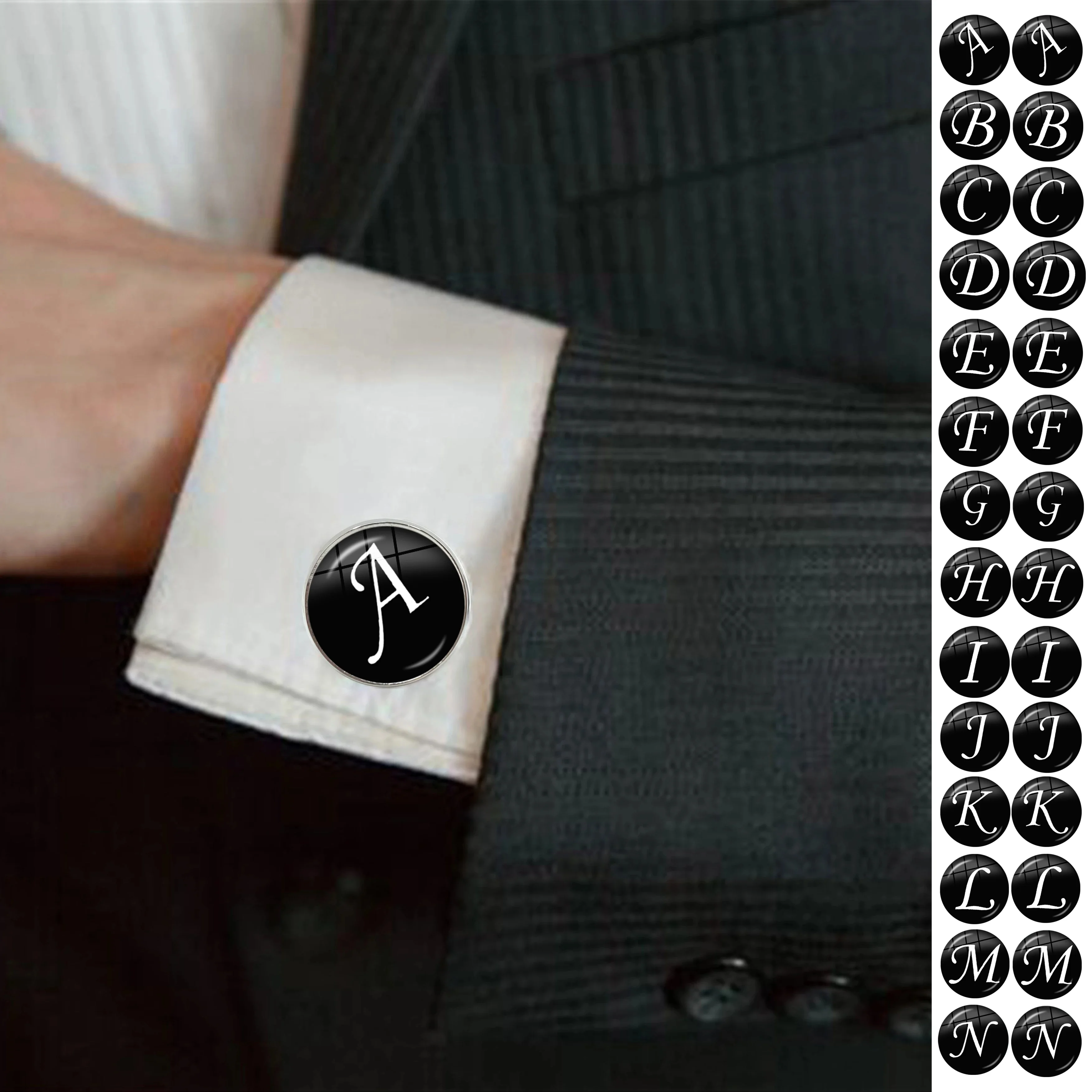 Men's Fashion A-Z Alphabet Cufflinks Silver Color Glass Dome Letter ...