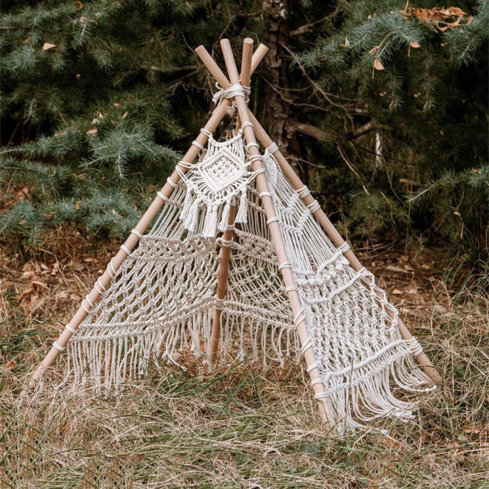 Nordic Style Hand-woven Macrame Tapestry Tent With Wooden Stick Holder ...