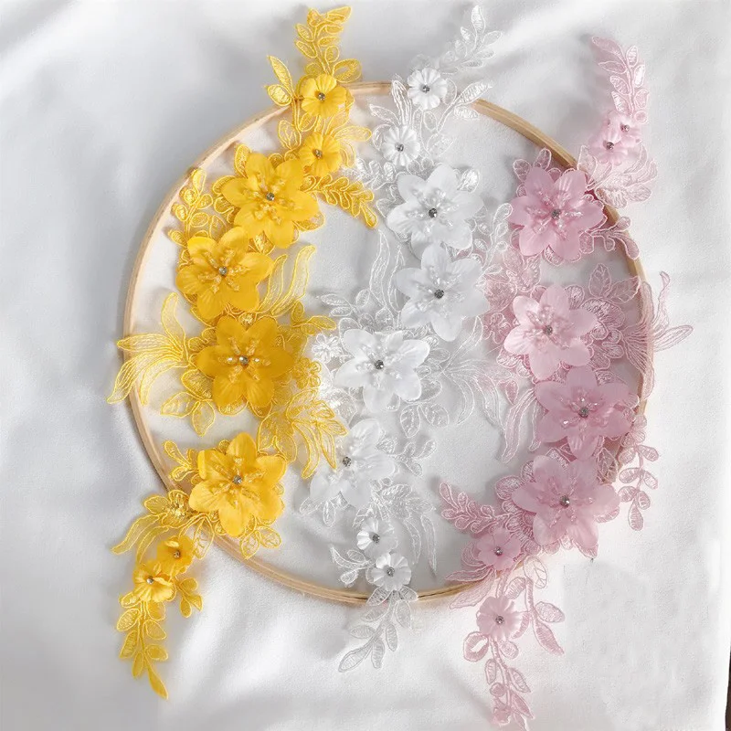 New Style Pink Yellow White Floral Applique Pearl Decorated Handmade ...