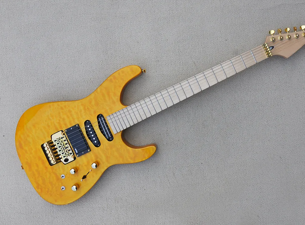 Yellow-Body-Electric-Guitar-with-Maple-Quilted-Top-Gold-Hardware ...