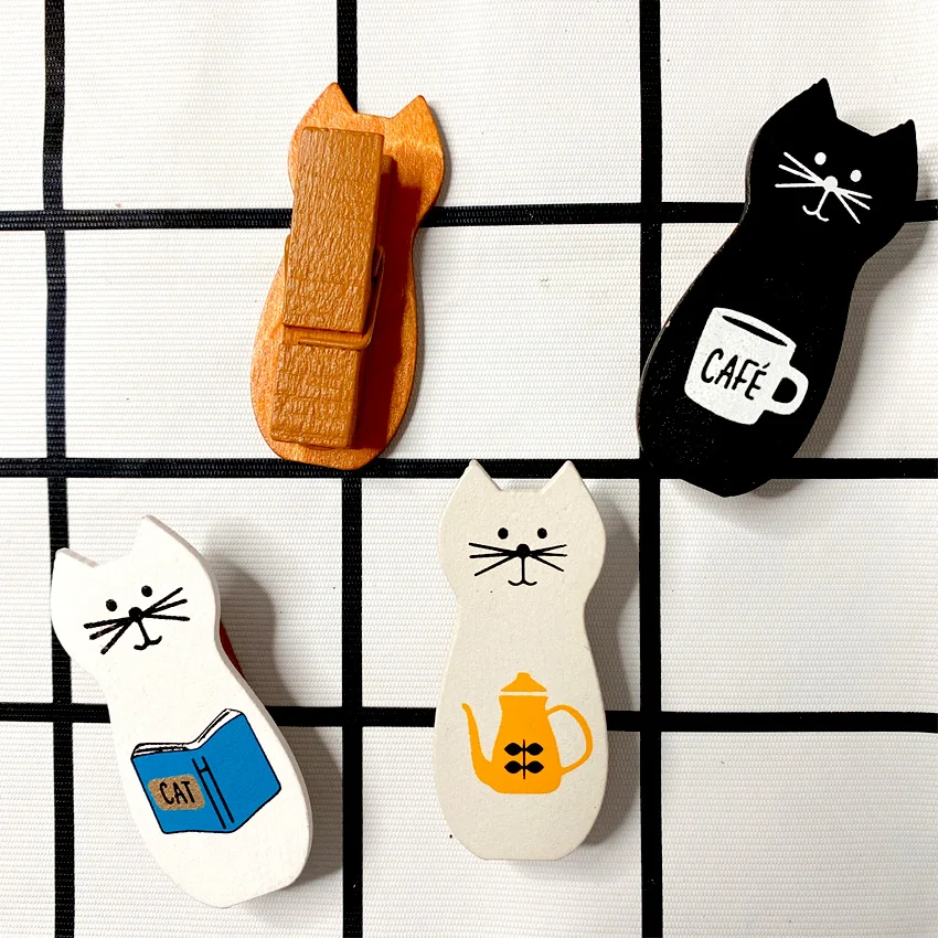 Set of Four Cute Wooden Kitty Clips FREE SHIP USA