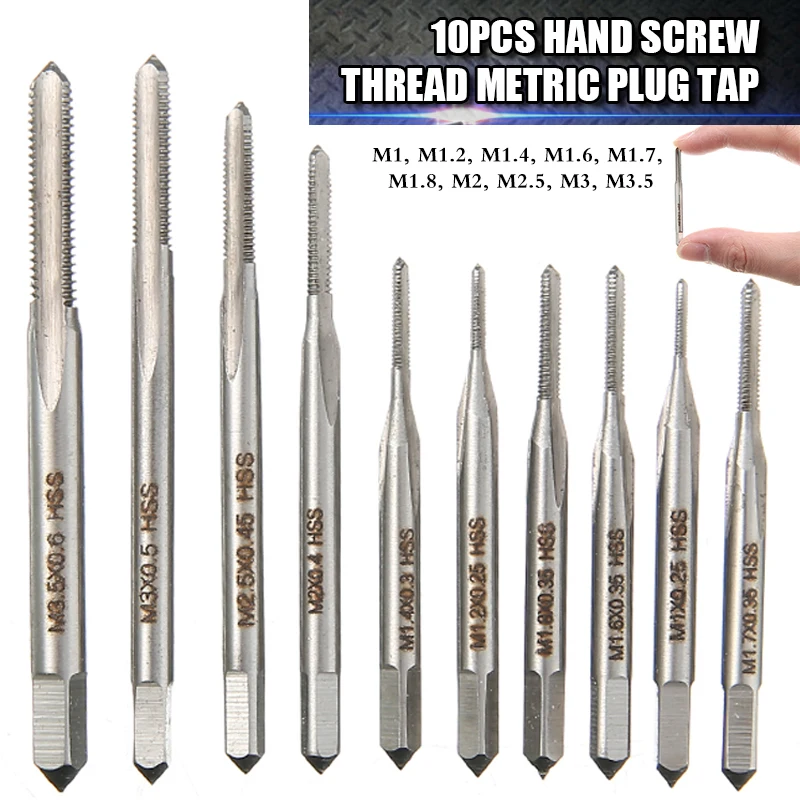 10 개/대 M1/M1.2/M1.4/M1.6/M1.7/M1.8/M2/M2.5/M3/M3.5 손 나사 메트릭 플러그 탭 드릴 비트 DIY 도구 키트|핸드 탭다이 ...