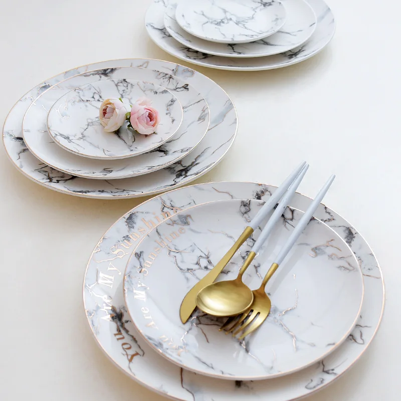 Nordic-Style-Plates-Creative-Ink-Marble-Texture-Painted-Gold-Ceramic ...