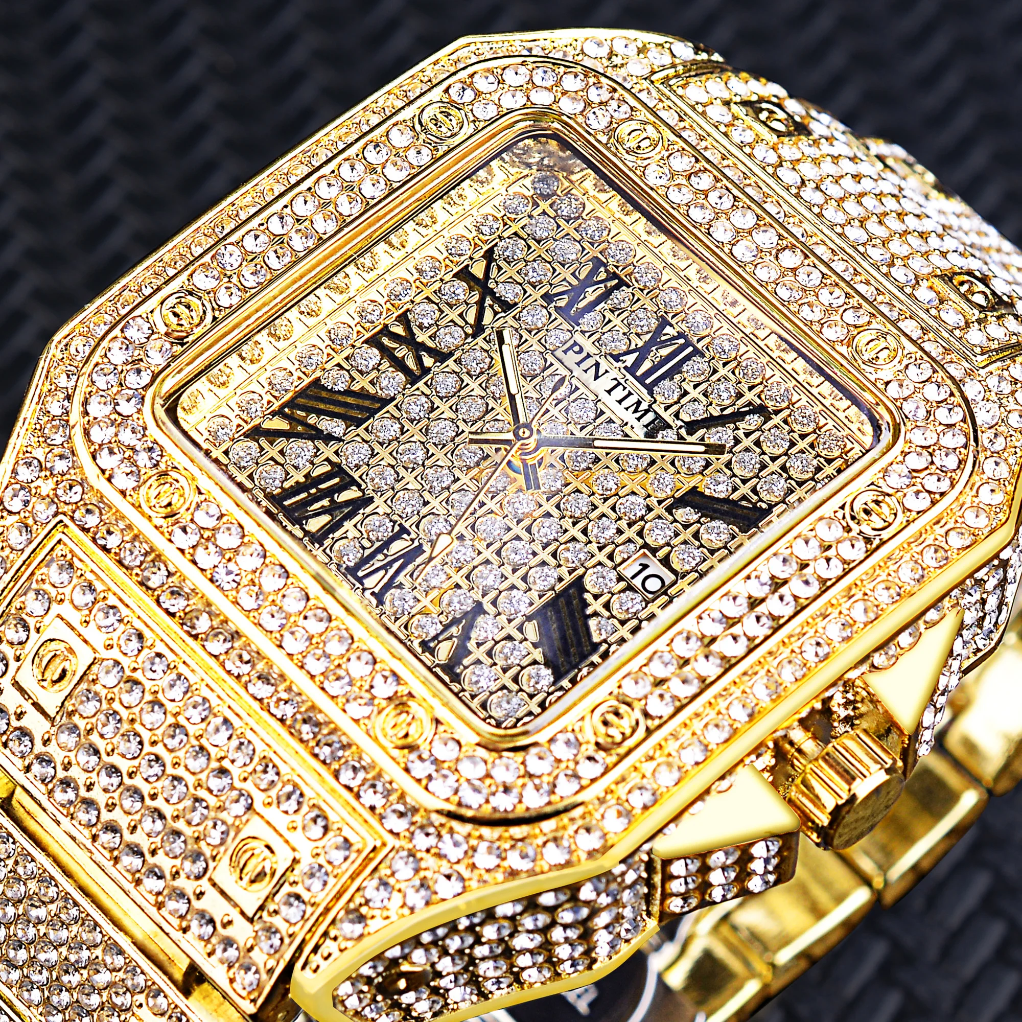 Pin Time Diamond Men Quartz Watch Luxury Golden Wristwatch Waterproof ...