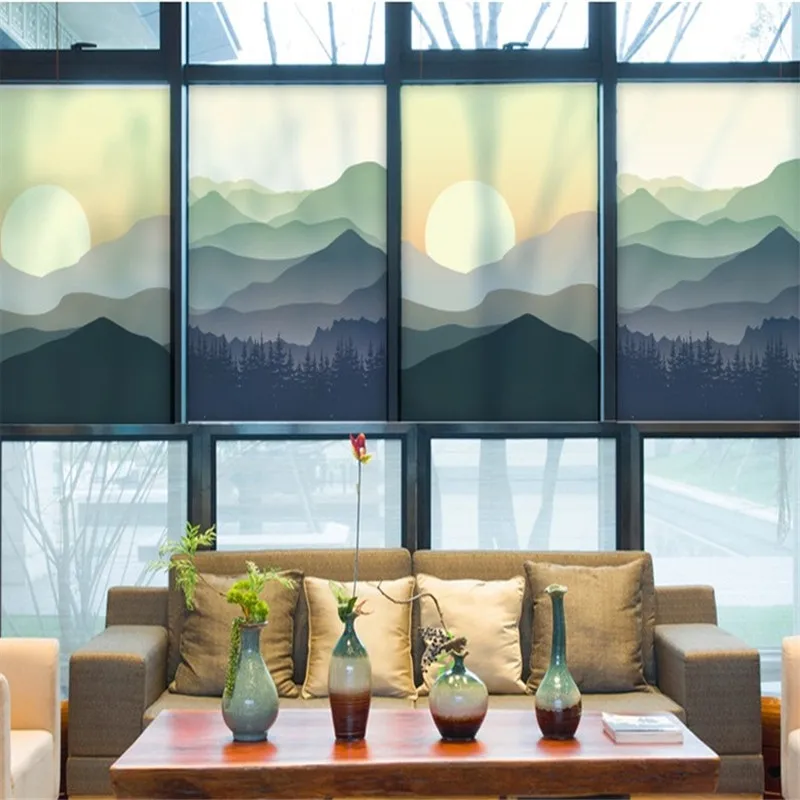 Waterproof Window Film Ink Painting Green Mountain Home Frosted Opaque ...