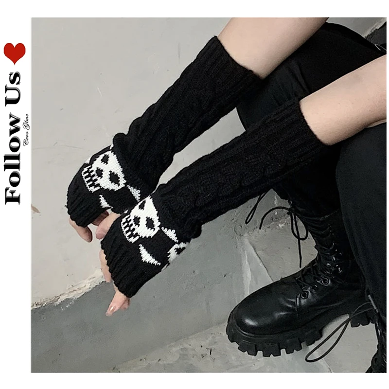 Harajuku Black Skull Gloves Japanese Women Half Finger Knitting Warm ...