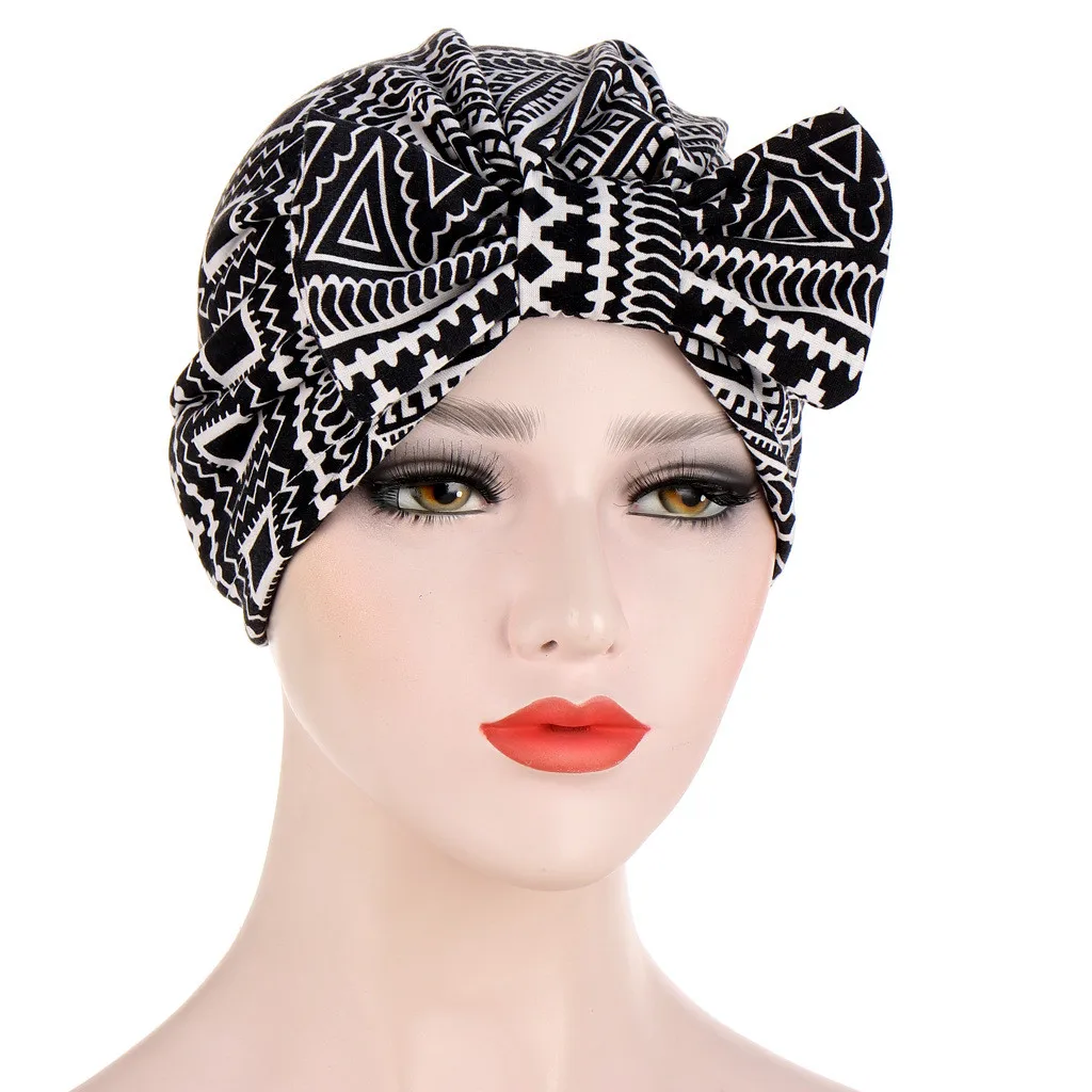 Women Bowknot Muslim Turban Hijab Bonnet Wrap Head Print Ruffle Turbans ...