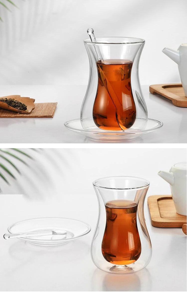 Beauty Black Tea Cup Saucer Teaspoon Sets Turkish Bohea Double Wall ...