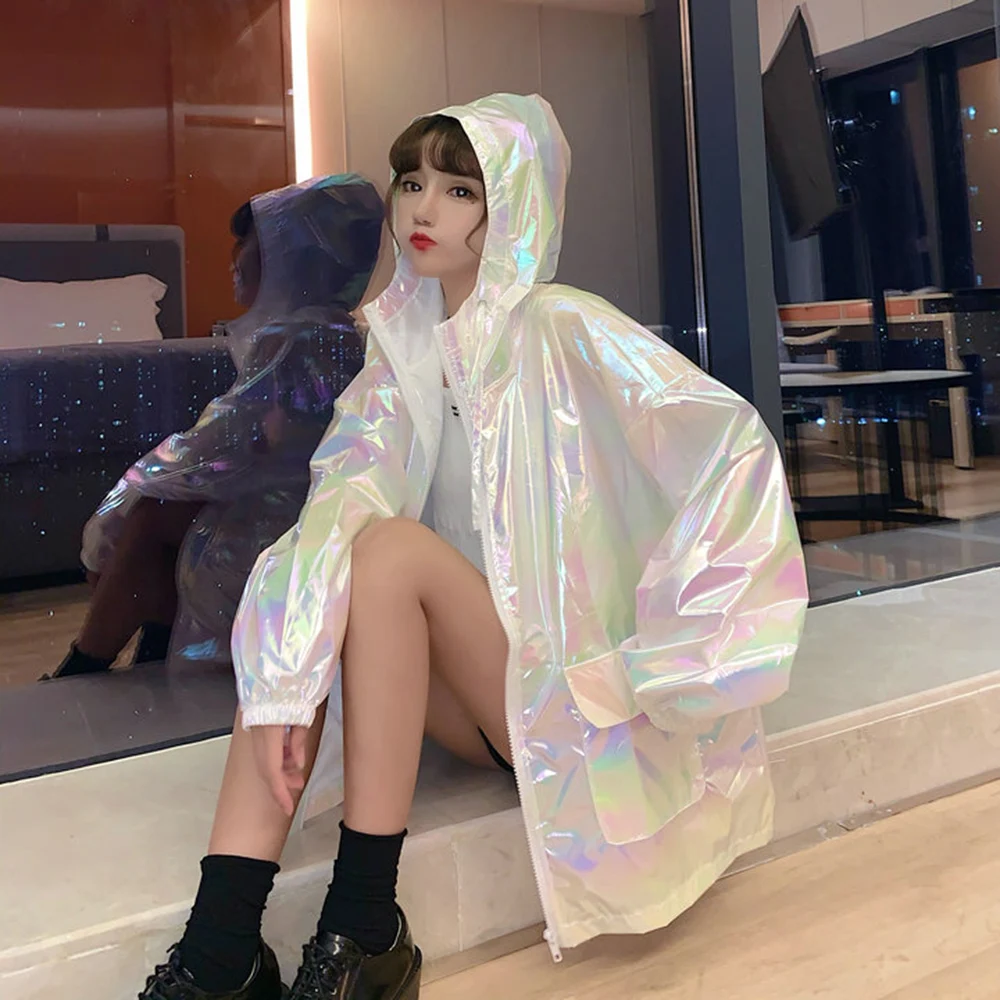 Jaqueta com capuz holográfica feminina, cor laser, manga longa, grande, high street, casaco fino ...