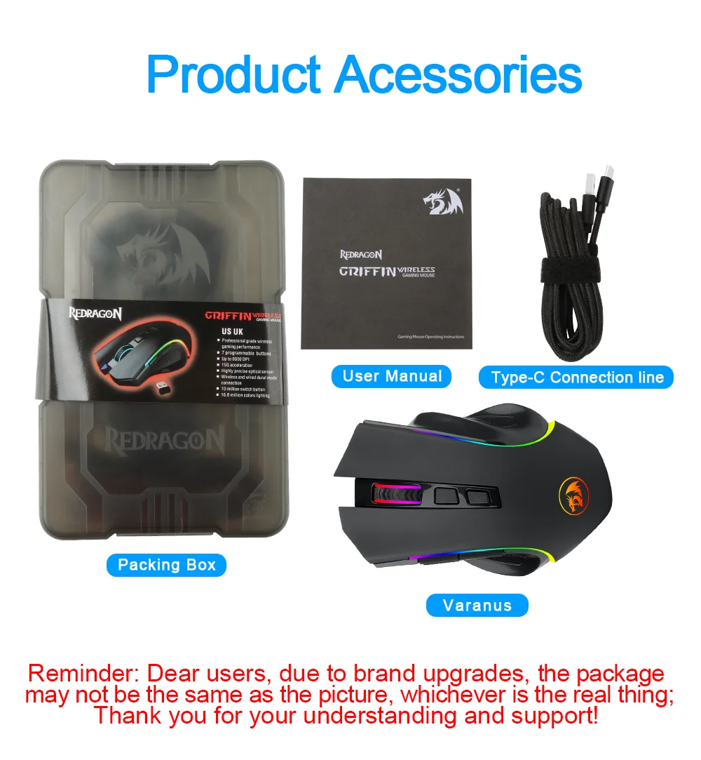 REDRAGON Griffin M602 KS RGB USB 2.4G Wireless Gaming Mouse 8000 DPI 8 ...