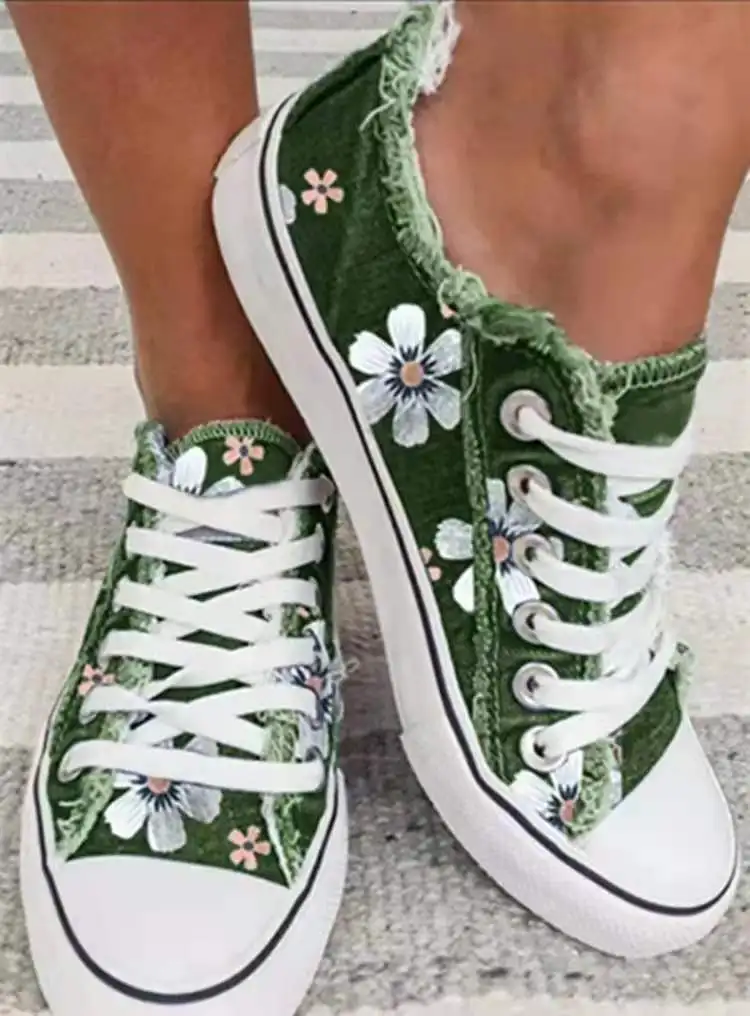 Women Floral Sneakers 2021 All Season Classic Retro Ladies Denim Fabric Lace Up Casual Canvas Shoes Outdoor Large Sized Flatswg7 AliExpress