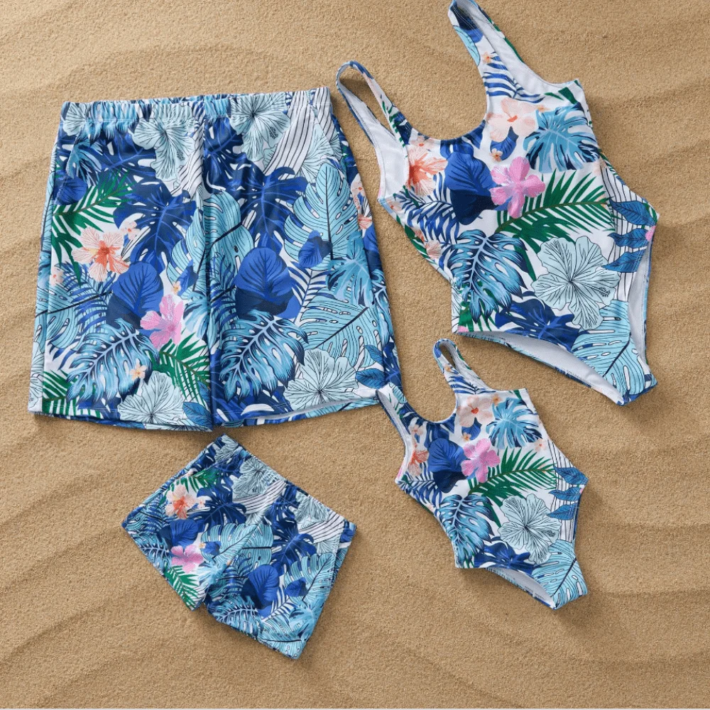 Family Look Swimwear Blue Leaf Print Beachwear Swimsuit Mom Daughter ...