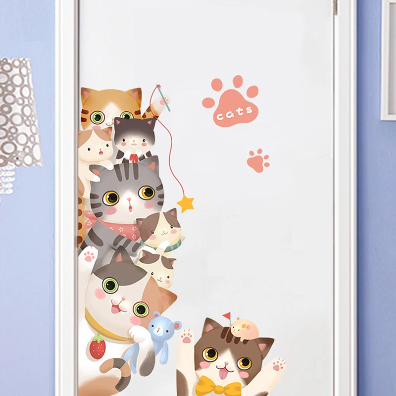 Cute Cats Wall Stickers Cartoon Animal Wall Decals Kids Room Door ...
