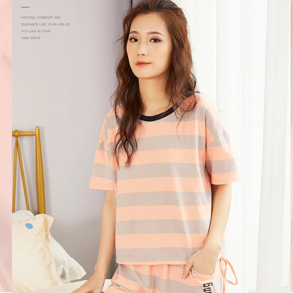 Women's Cotton Striped Pajama with Short Sleeve Home Clothes Tops Pants ...