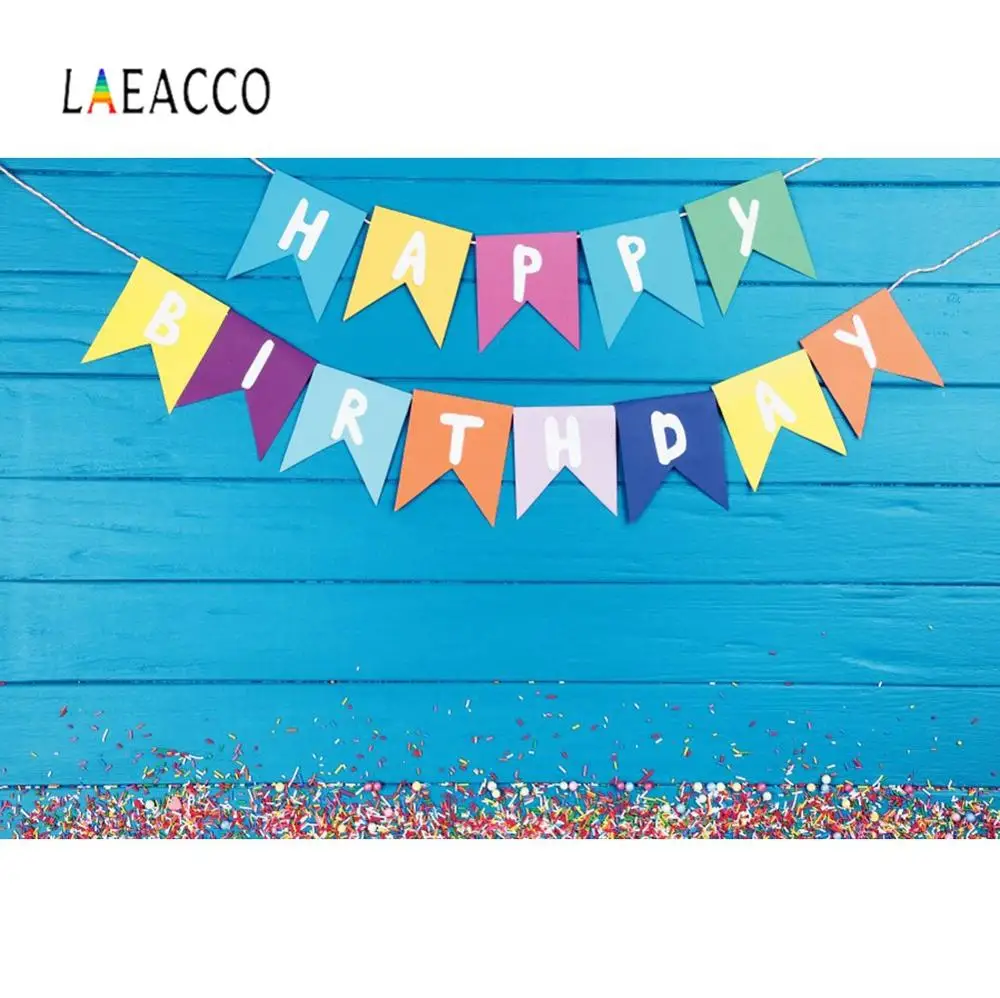 Laeacco Blue Wooden Backdrops Planks Board Flags Happy Birthday Party ...