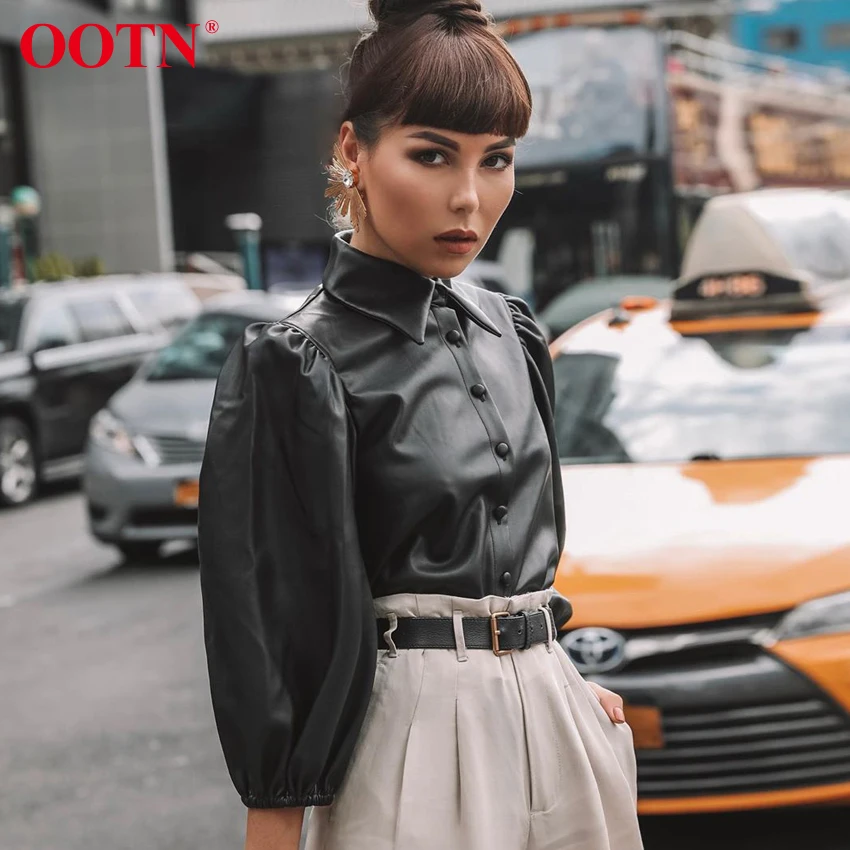 OOTN однобортная черная кожаная блузка женская рубашка с пышными ...