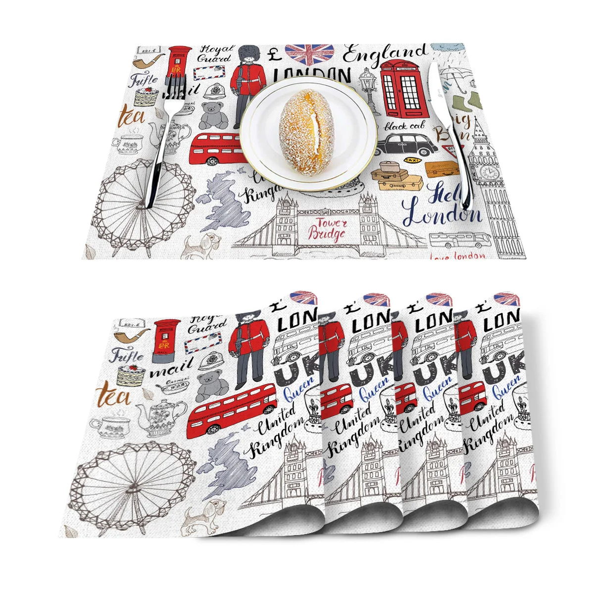 4/6pcs Placemats British London Culture Cartoon Doodle Dining Table ...
