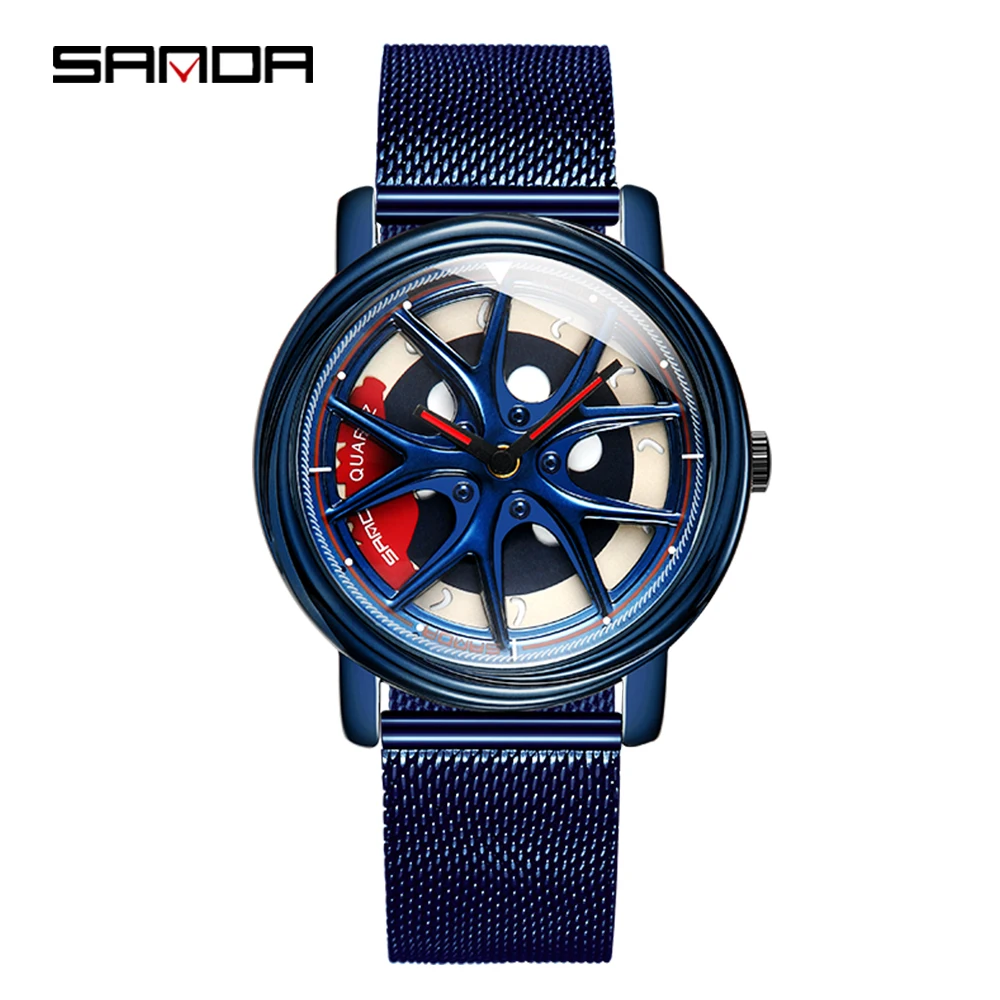 SANDA Special Wheel Shape Rotating Dial Quartz Watches Quality Steel Mesh Belt Life Waterproof ...