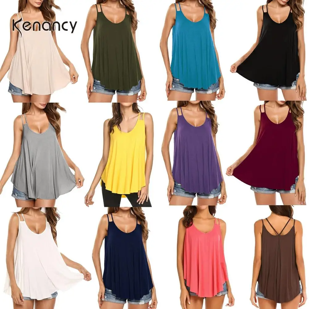 Kenancy Solid Womentank Tops Summer Flowy V Neck Strappy Loose Tank