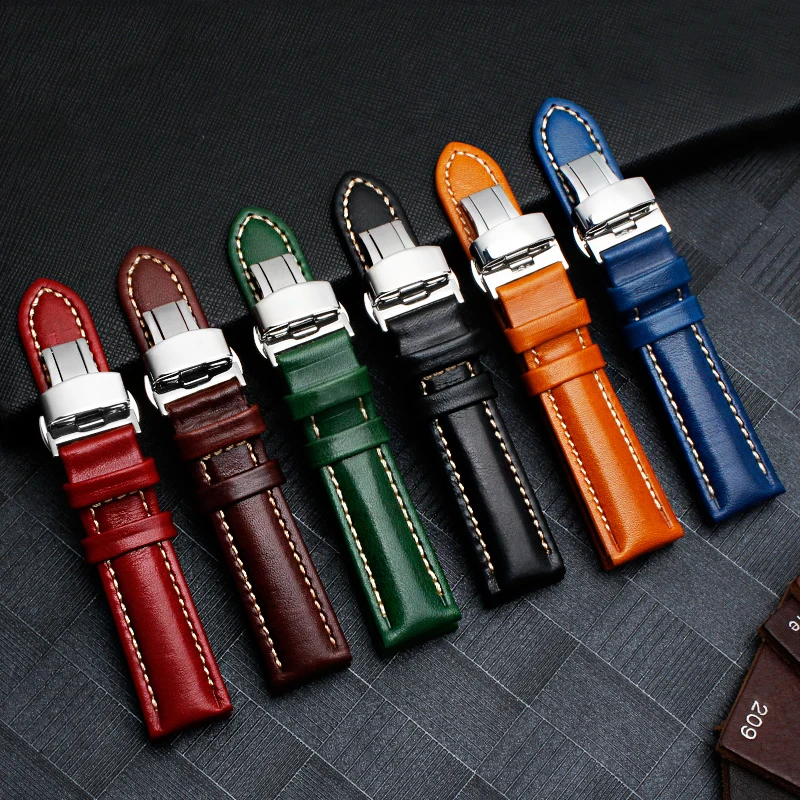 Black-Red-Green-Genuine-Leather-Bracelet-Color-Watch-Strap-Butterfly ...