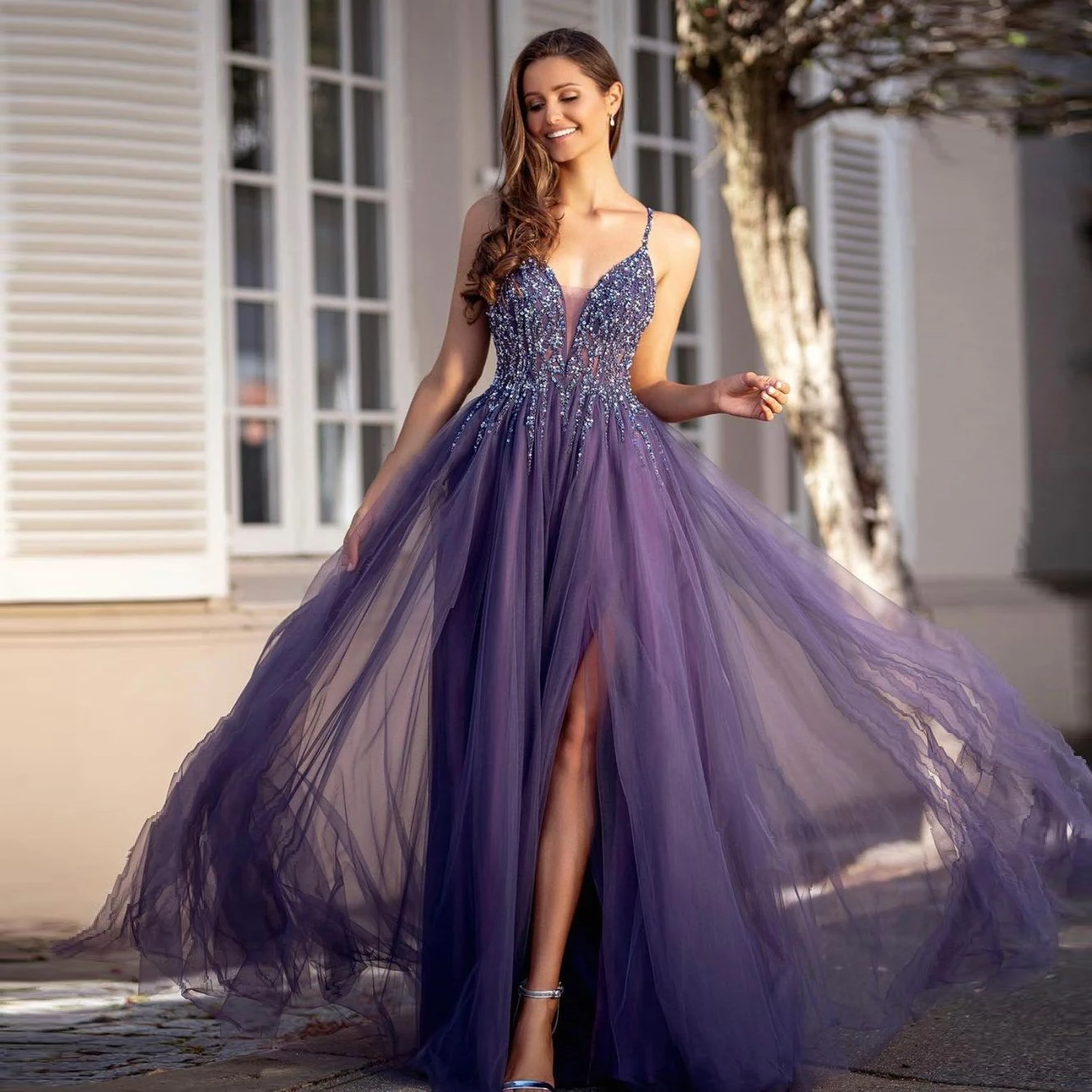 Exquisite-Beautiful-Prom-Dress-Spaghetti-Strap-V-Neck-Crystals-Split ...