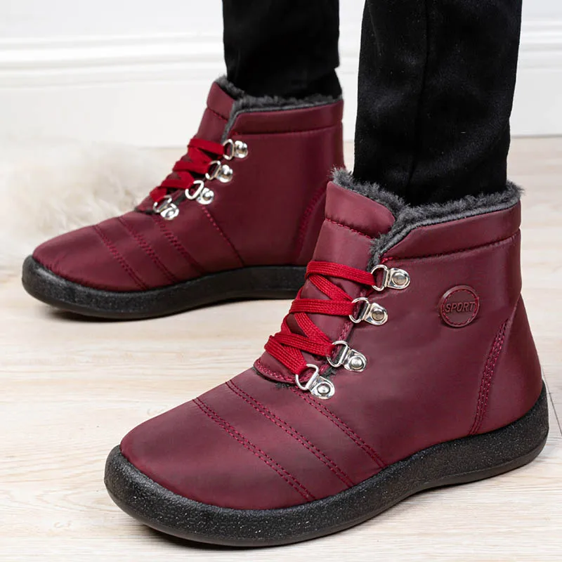 Mulheres botas de neve sapatos de senhoras planas rendas sapatos ...