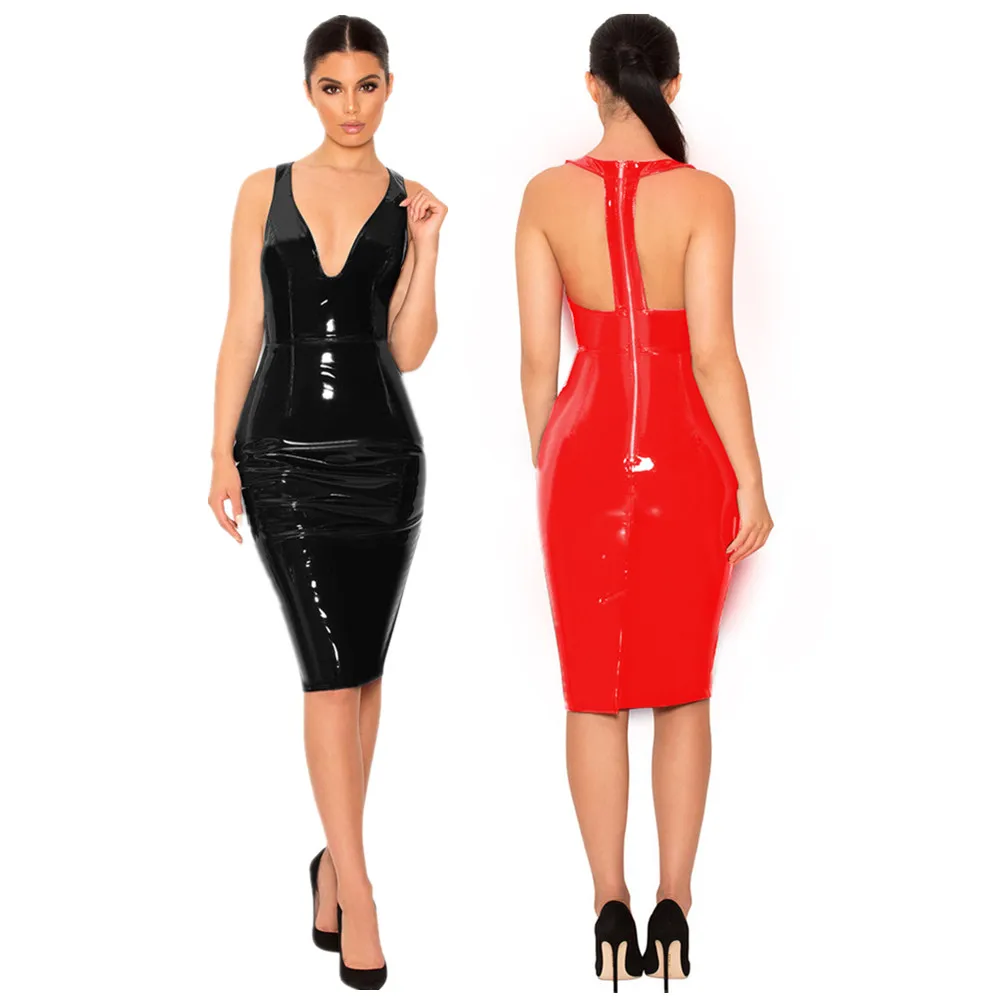 Sexy Backless Pvc Leather Dress Back Zip Bodycon Dress Black Red Wet